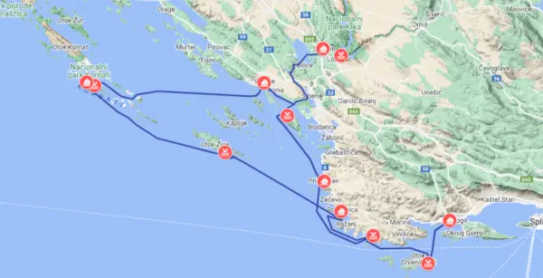 7denní trasa plavby z Trogiru po národním parku Kornati